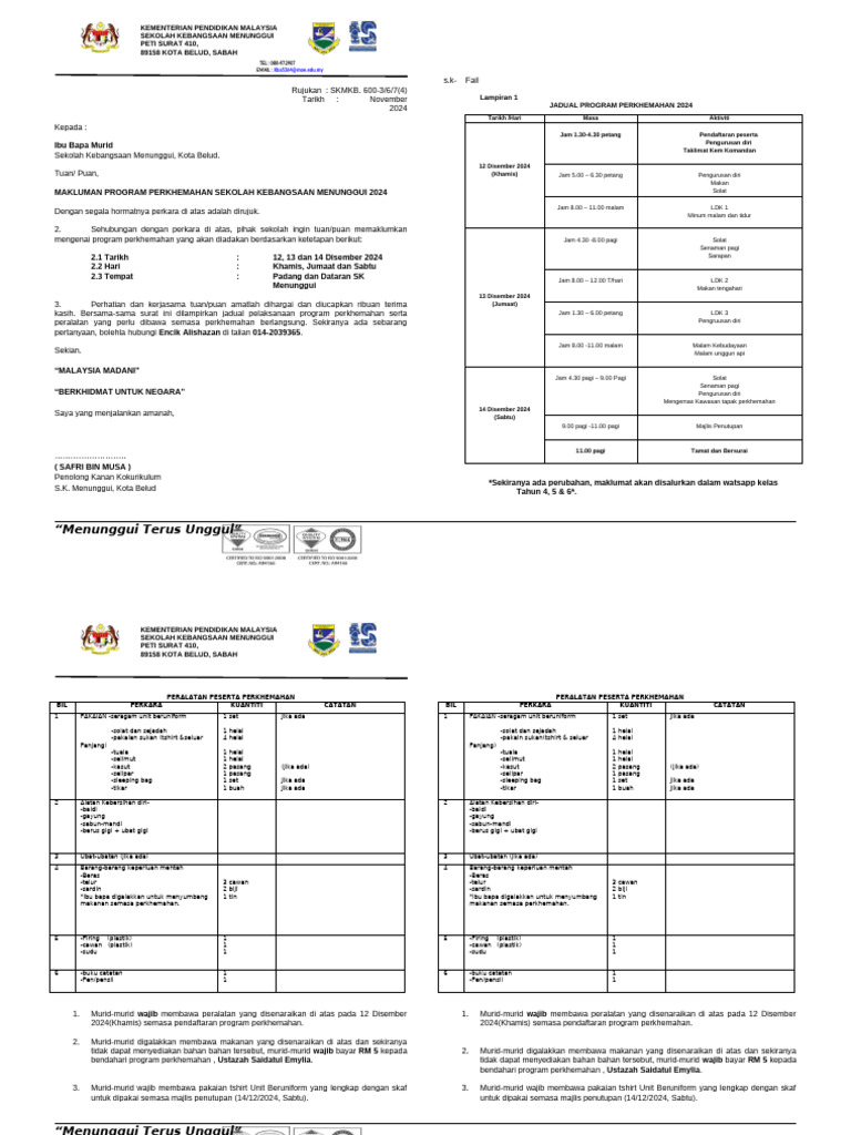 Makluman Perkhemahan SK Menunggui 2024 | PDF