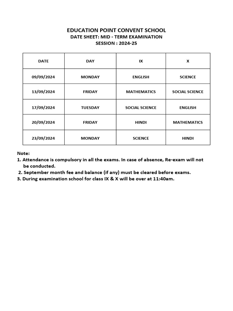 Ix & X Mid Term Date Sheet (2024-25) | PDF