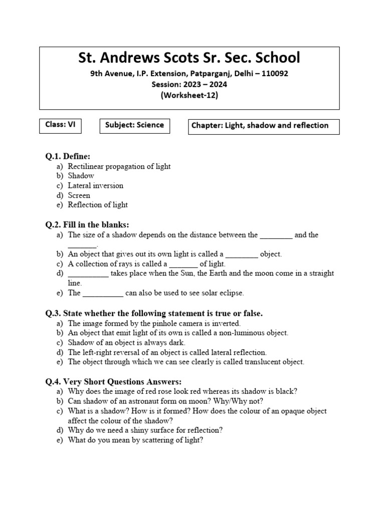 Science - Light Shadow and Reflection Worksheet (VI) 2023 | PDF