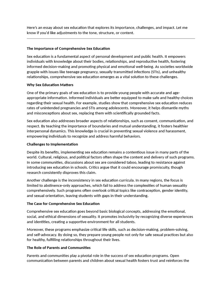 The Importance Of Comprehensive Sex Education Pdf Sex Education