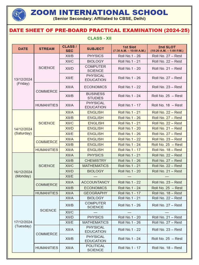 Pre-Board Practical Datesheet (2024-25) | PDF