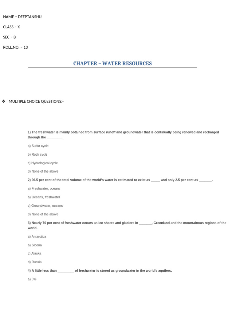Class 10 Water Resources MCQs | PDF | Fresh Water | Water