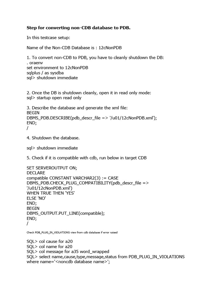 Steps For Converting Non-CDB Database To PDB | PDF