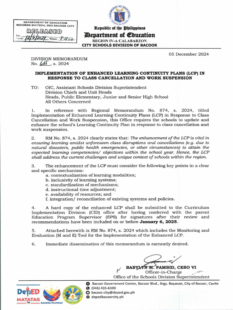 DM No. 635, S. 2024 Implementation of Enhanced Learning Continuity Plan ...