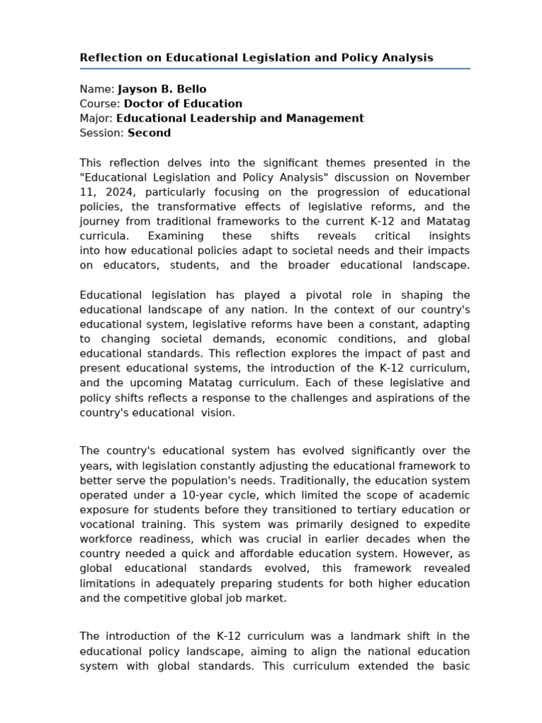 Reflection On Educational Legislation and Policy - 2nd Session | PDF | Curriculum | Teachers