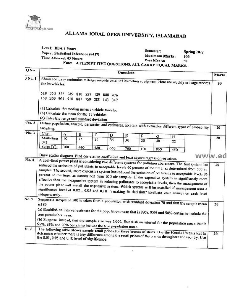 Statistics Inferences Past Paper | PDF