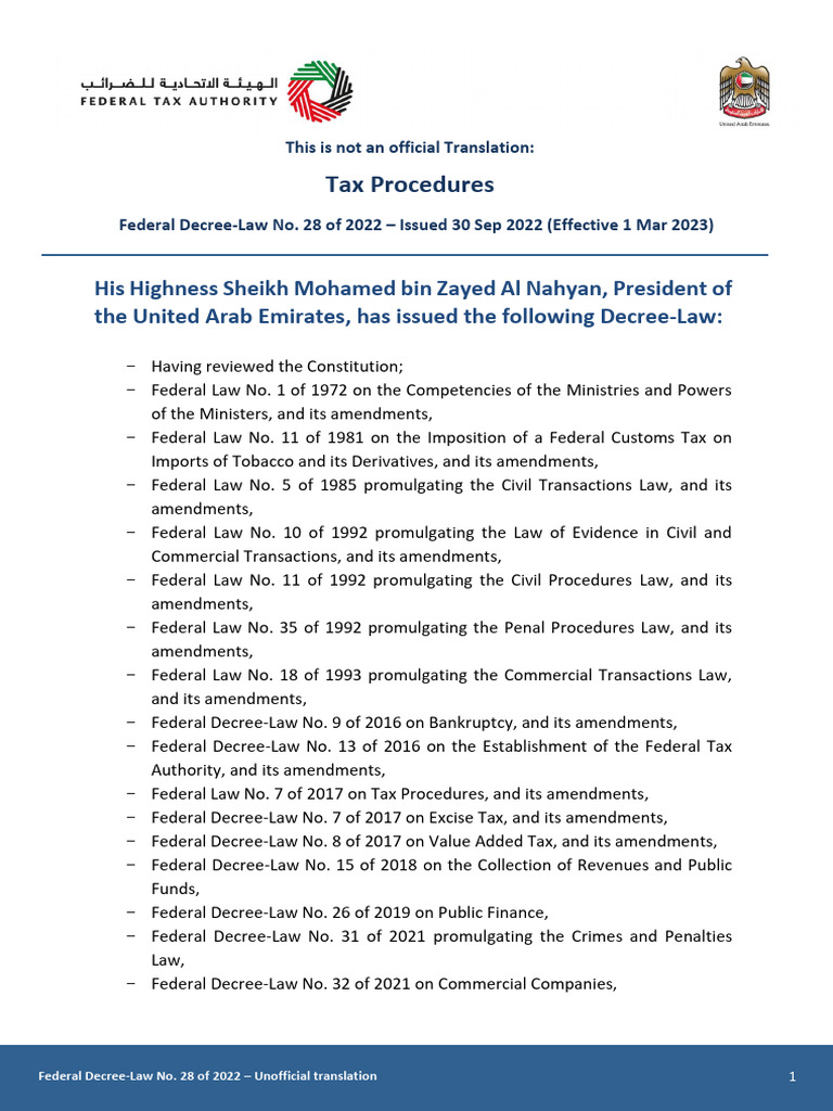 UAE Tax Procedures Decree-Law 2022 | PDF | Taxation In The United ...