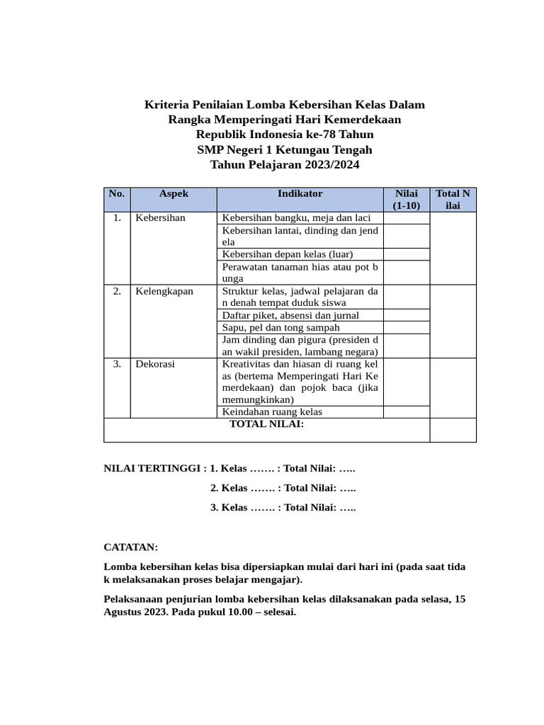 Salin-Kriteria Penilaian Lomba Kebersihan Kelas SMPN 1 (1) | PDF