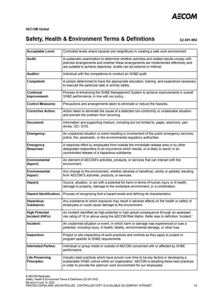 Safety, Health & Environment Terms & Definitions - AECOM Global | PDF | Risk | Safety