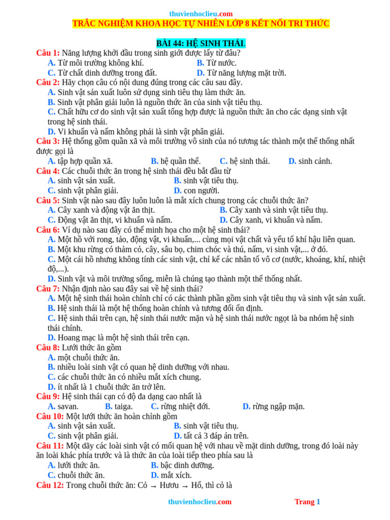 Trac Nghiem KHTN 8 KNTT Bai 44 | PDF