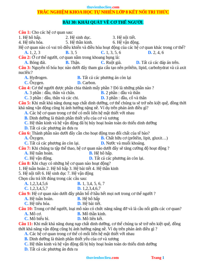 Trac Nghiem KHTN 8 KNTT Bai 30 | PDF