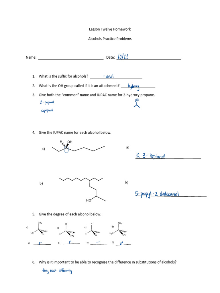 Alcohols Practice Problems Worksheet | PDF | Aldehyde | Chemical Reactions