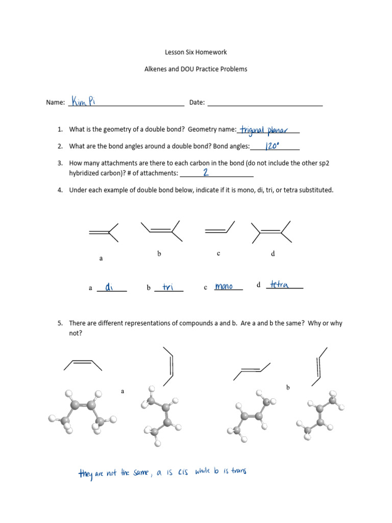 Lesson 6 Homework On Alkenes and DOU Fall 2025 | PDF | Alkene | Organic ...