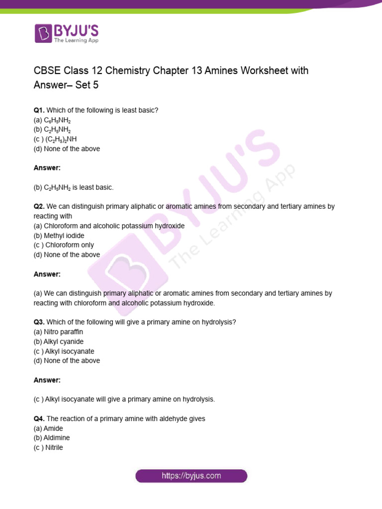 CBSE Class 12 Chemistry Chapter 13 Amines Worksheet With Answer Set 5.docx 1 | PDF | Amine ...