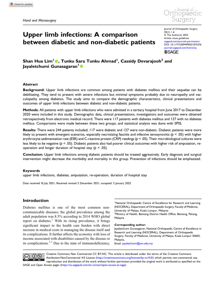Lim Et Al 2022 Upper Limb Infections A Comparison Between Diabetic and ...