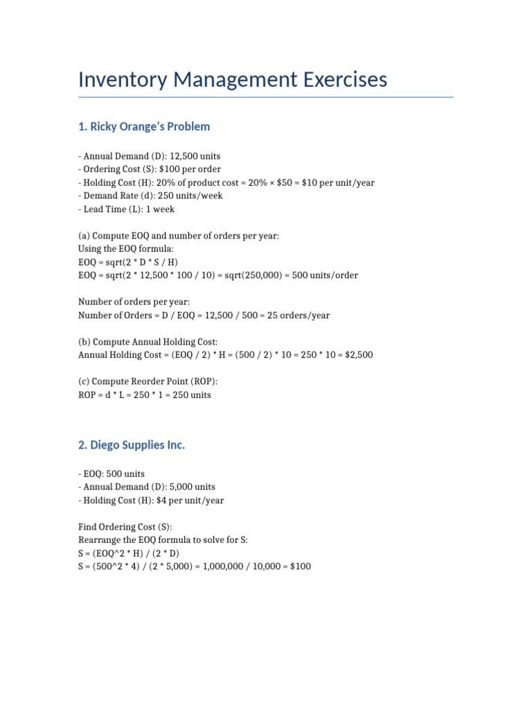 Inventory Management Exercises Pdf Supply Chain Management Inventory