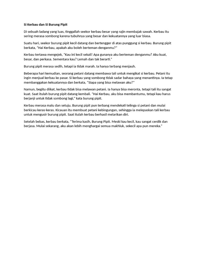 Kerbau Sombong dan Pipit Cerdik | PDF