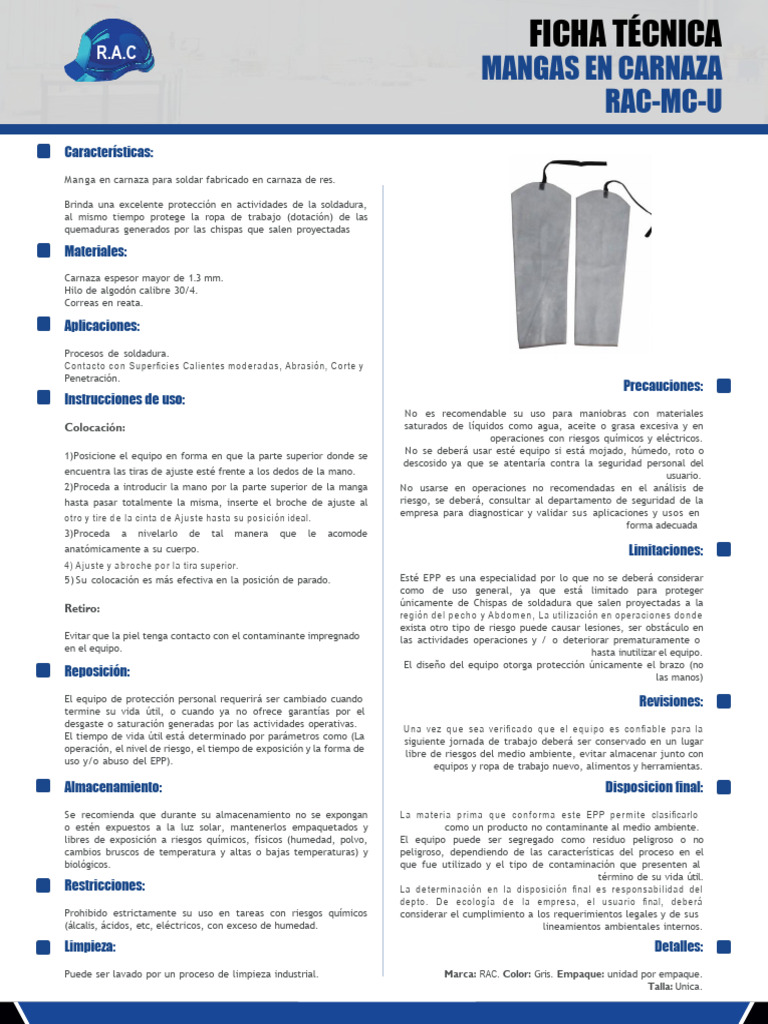 Ficha Tecnica Mangas en Carnaza Para Soldar Dotaciones Rac Pro | PDF | Soldadura | Construcción