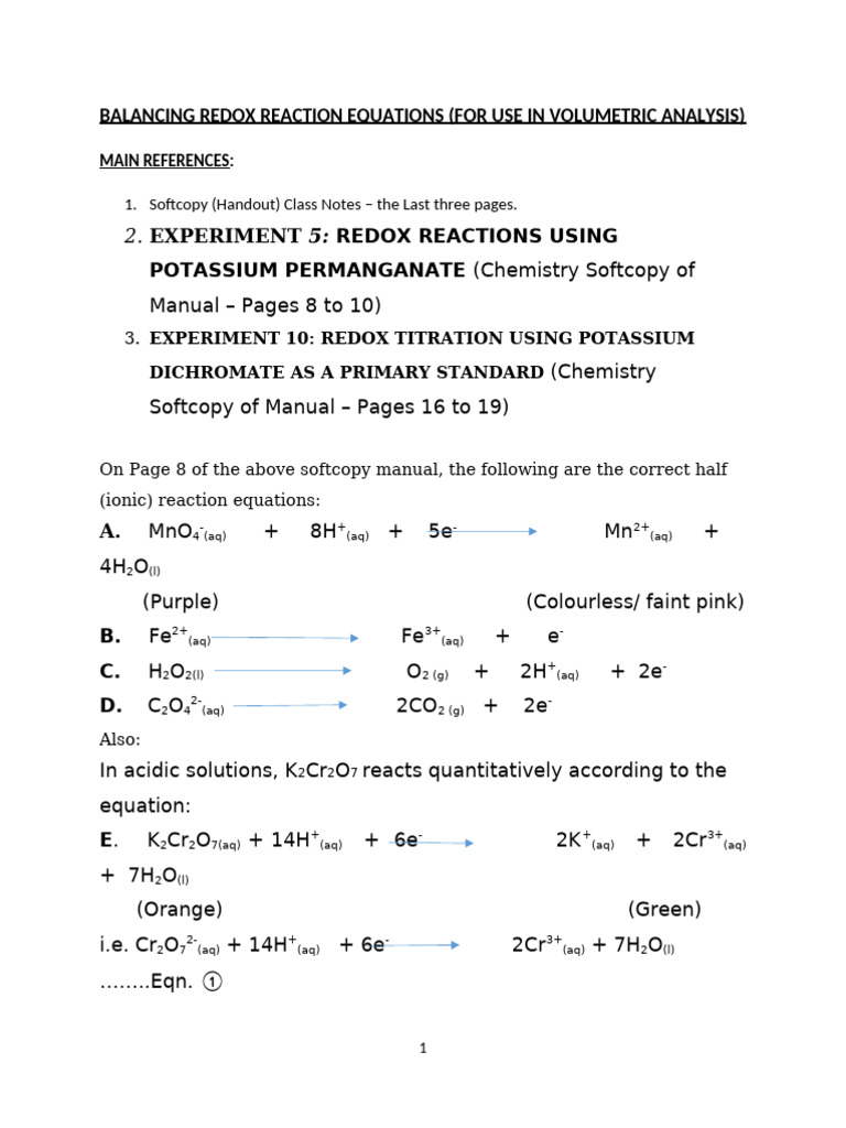 Balancing Redox Reaction Equations (For Use in Volumetric Analysis) | PDF | Redox | Titration