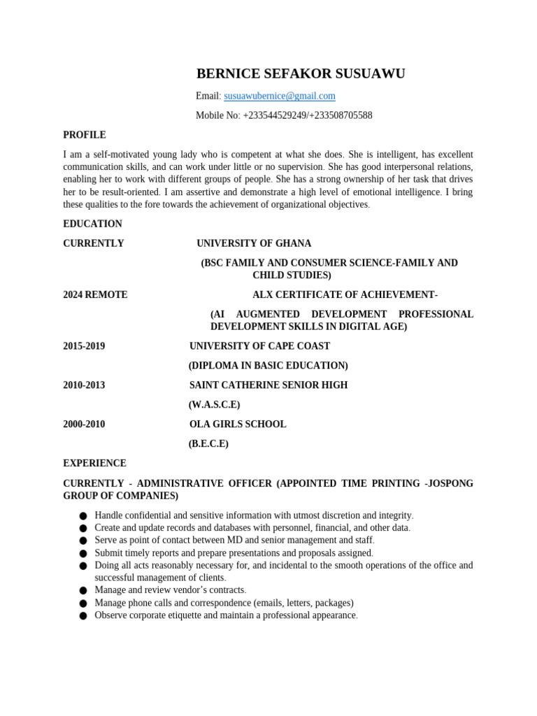 Bernice's Resume | PDF | Quality Management | Business