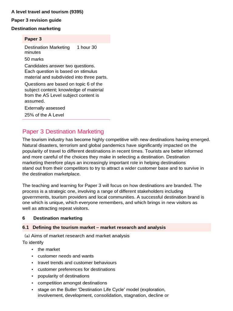 A Level Travel and Tourism Paper 3 Exam Guide | PDF | Brand | Market ...