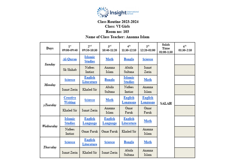 Class Routine VI Girls | PDF
