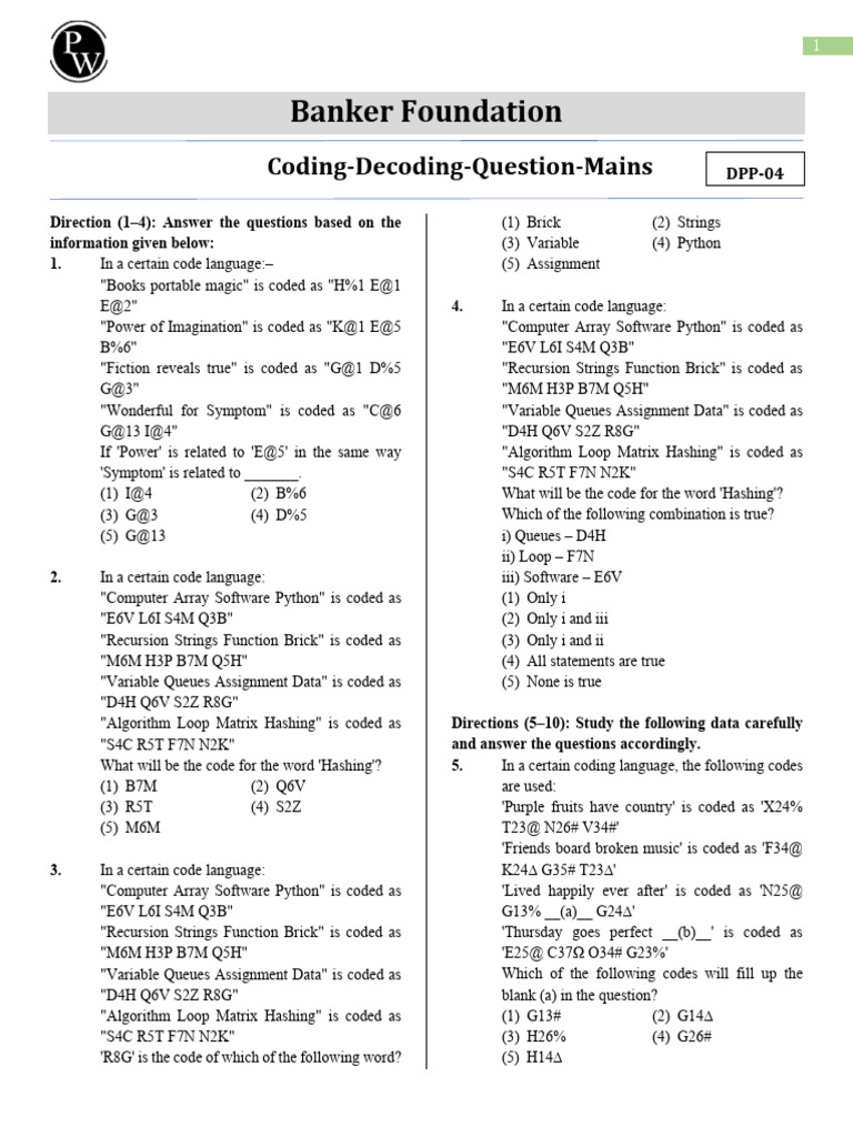 ? Coding Decoding Concept Mains DPP 04 English Banker Foundation | PDF