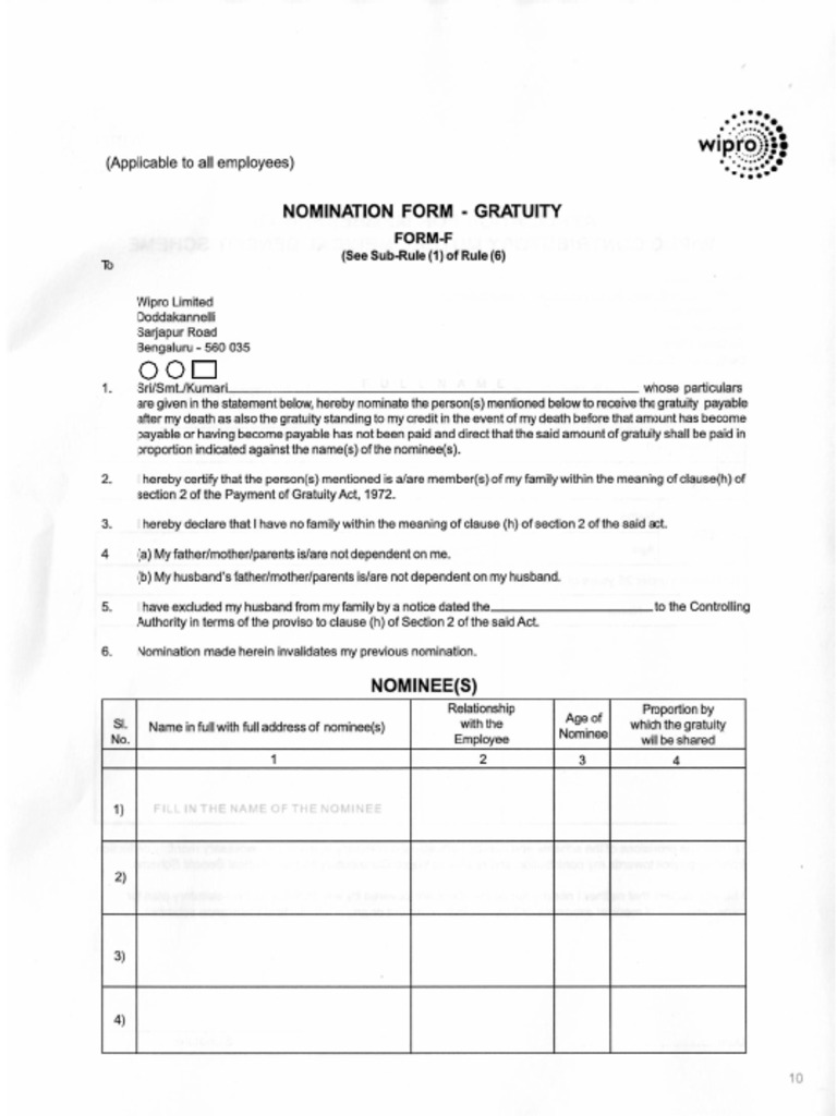 Gratuity Nomination Form F Sample | PDF