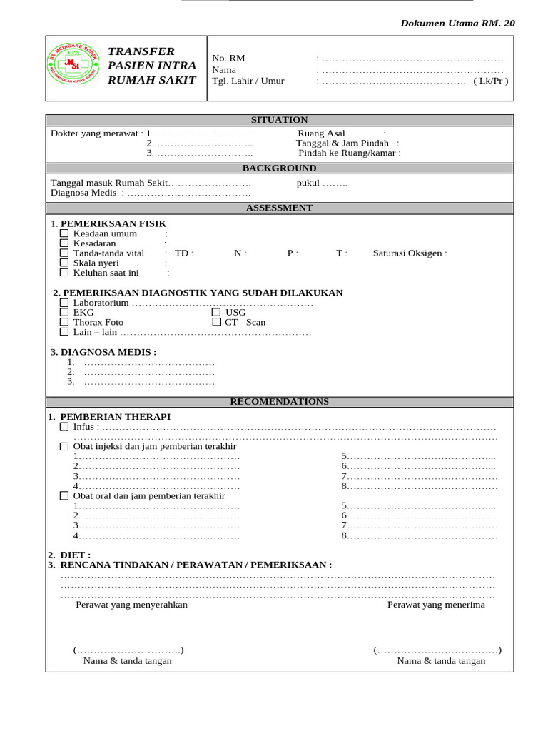 Rm. 20 Transfer Pasien Intra Rumah Sakit | PDF