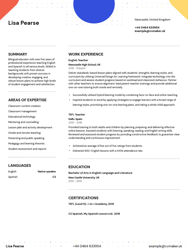 Example CV Teacher Undefined | PDF | Teachers | Lesson Plan