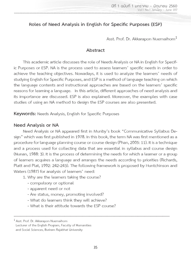 Needs Analysis in English for ESP Courses | PDF | Learning | English As A Second Or Foreign Language