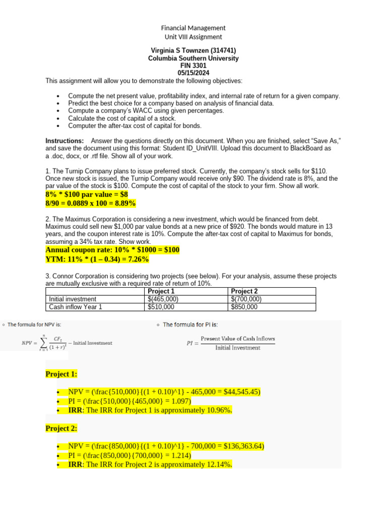 FIN 3301 - Unit VIII Assignment Columbia Southern University | PDF | Net Present Value | Cost Of ...