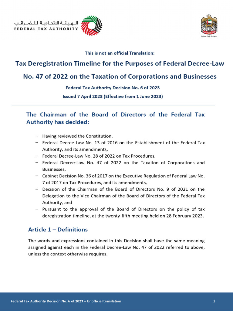 FTA Decision No. 6 of 2023 On The Tax Deregistration Timeline - For ...