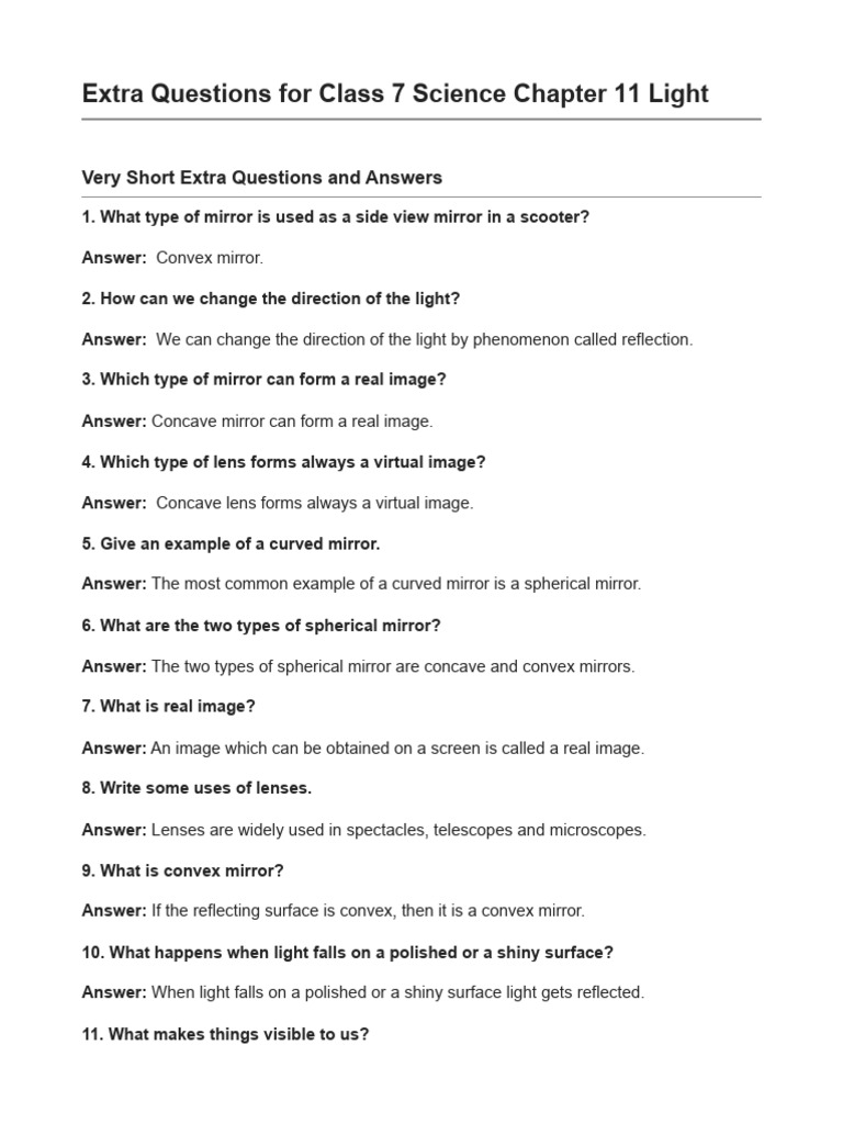 Important Question Class 7 Science Chapter 11 | PDF | Mirror | Glass ...