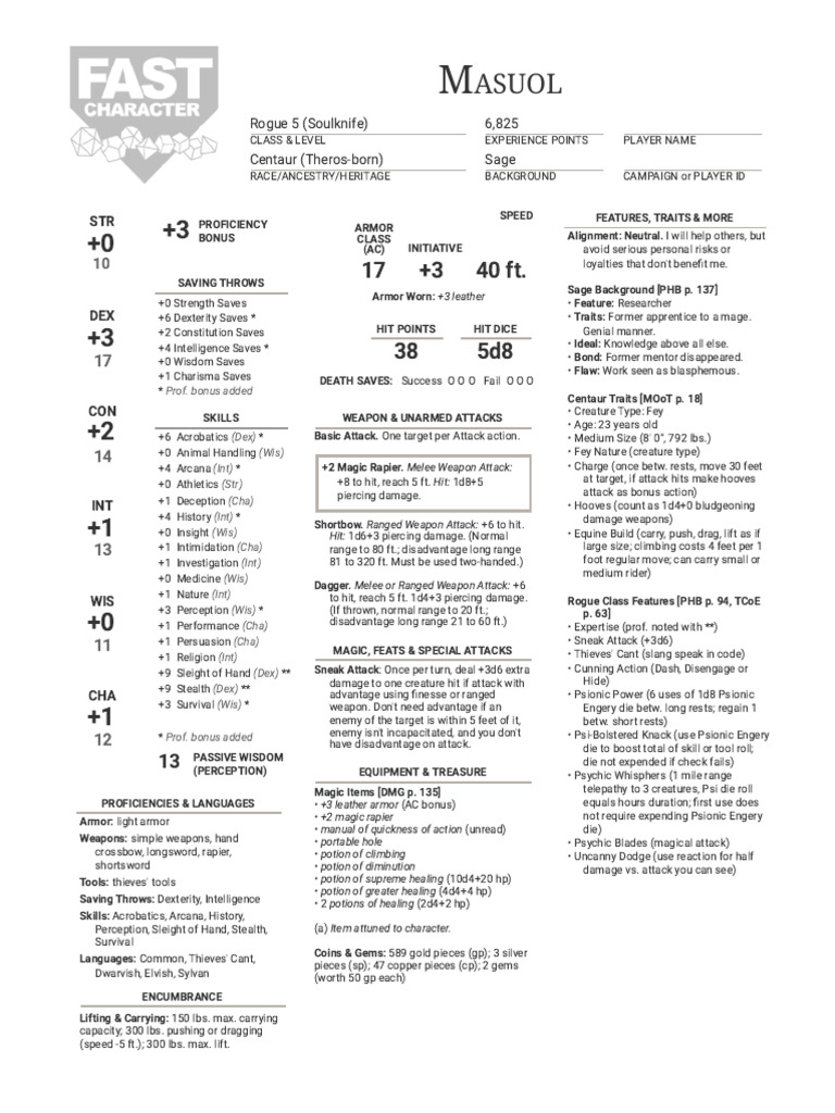 Fast Character - Centaur (Theros-Born) Rogue 5 (Soulknife) - PHB 2014 ...