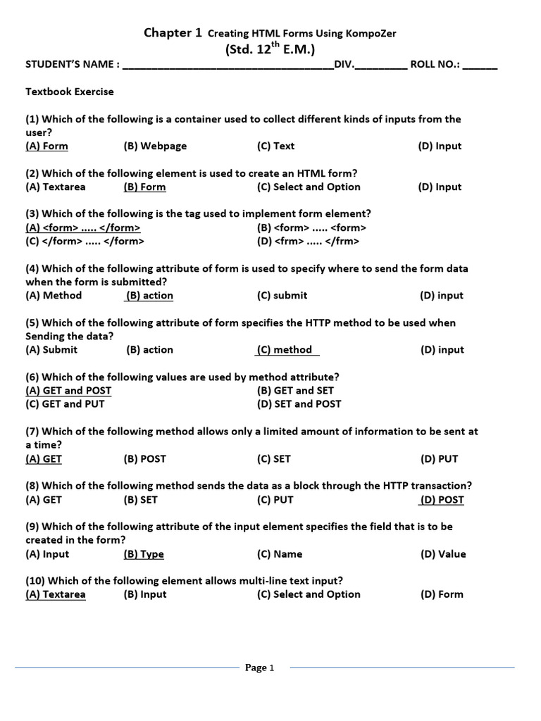 Ch-1 Textbook+Extra MCQ | PDF | Html | Html Element