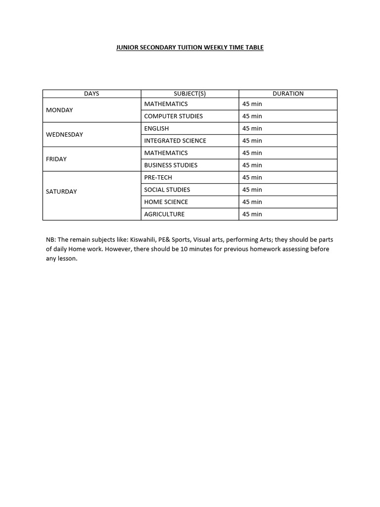 Junior Secondary Tuition Weekly Time Table | PDF