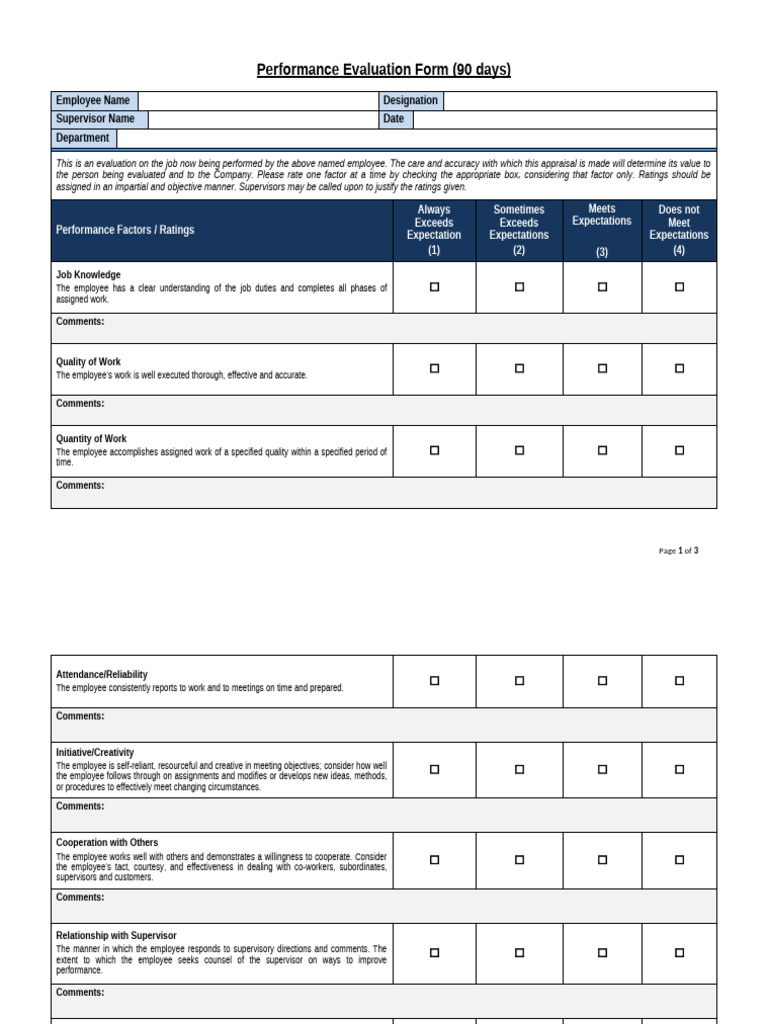 90-Day Employee Performance Review Form | PDF | Performance Appraisal ...
