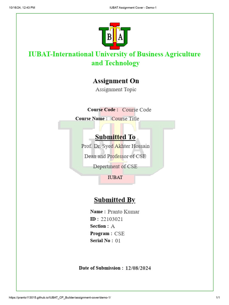 IUBAT Assignment Cover - Demo-1 | PDF
