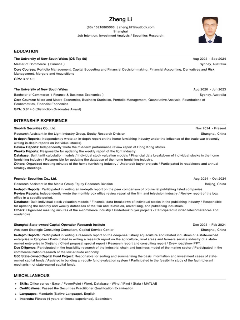 Zheng Li-Master of Finance-UNSW | PDF | Valuation (Finance) | Economies