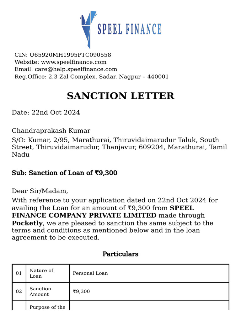 Loan Sanction Letter for ₹9,300 | PDF | Loans | Annual Percentage Rate