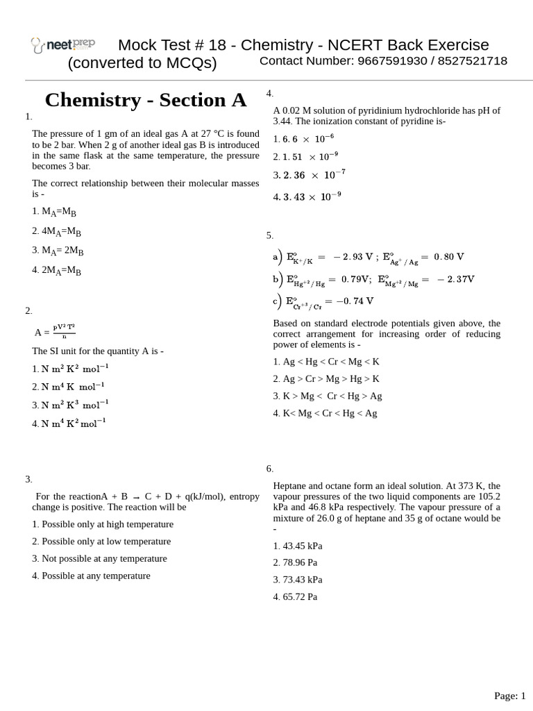 Mock Test # 18 Chemistry 9 Chapters NCERT Back Exercise | PDF | Gases ...