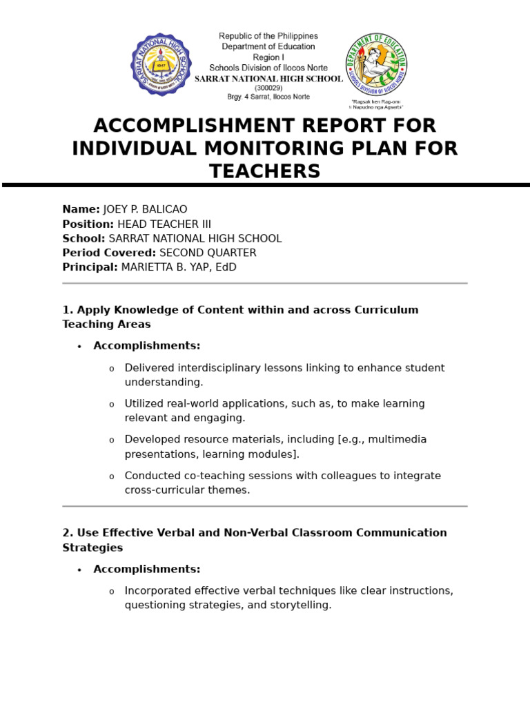 ACCOMPLISHMENT REPORT FOR INDIVIDUAL MONITORING PLAN FOR TEACHERS Tle | PDF | Learning | Teachers
