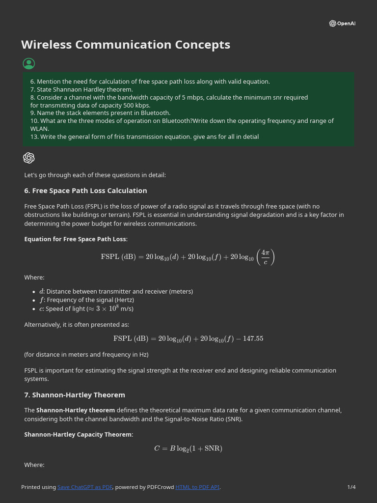 Wireless Communication Concepts | PDF | Signal To Noise Ratio | Bandwidth (Signal Processing)
