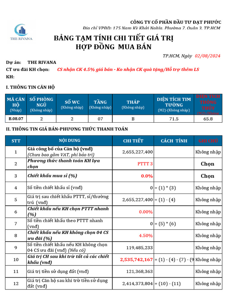 (RVN) Bảng Tạm Tính Giá HĐMB-KH C.OANH | PDF