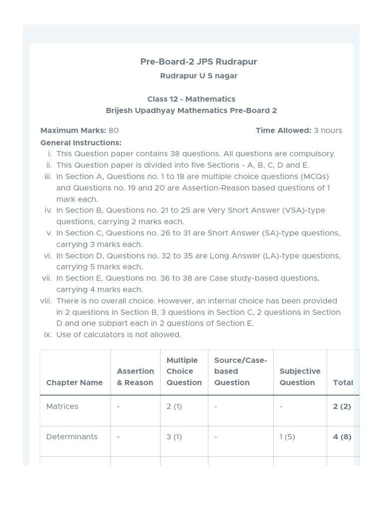 Pre-Board-2 JPS Rudrapur | PDF | Integral | Functions And Mappings