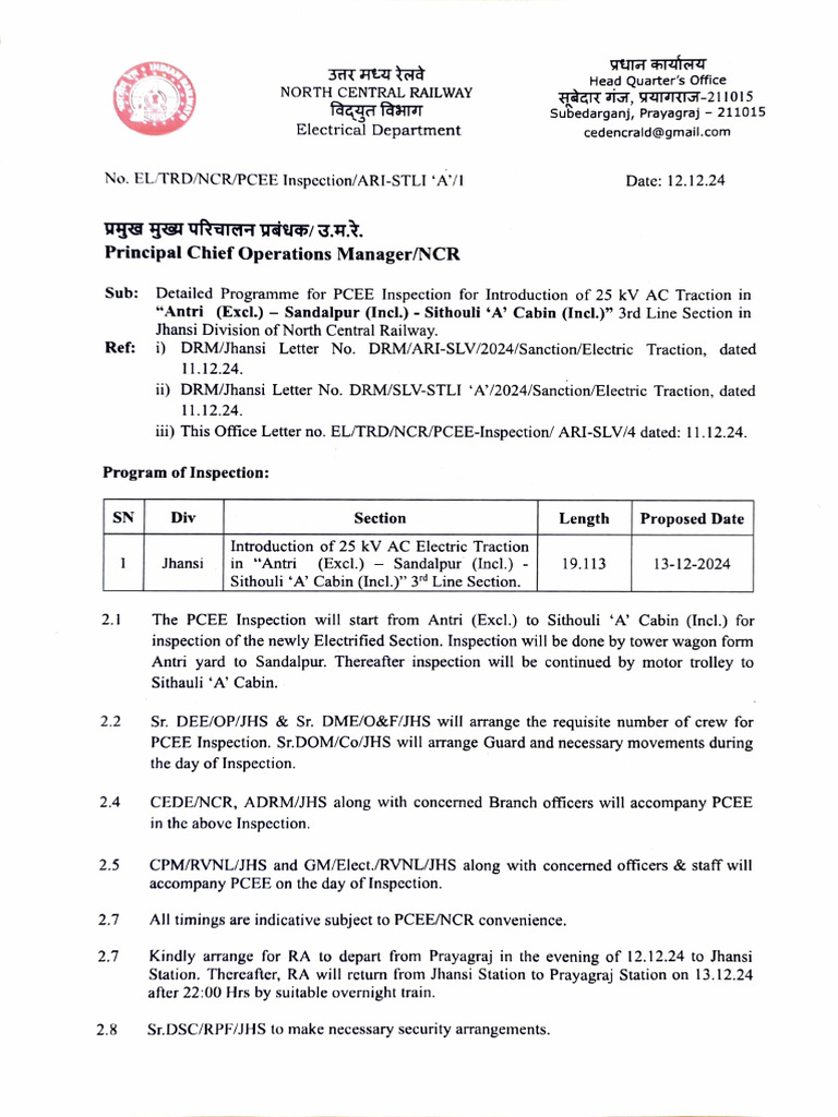 Letter To PCOM Regarding PCEE Inspection For Introduction of 25 KV Electric Traction Between ARI ...