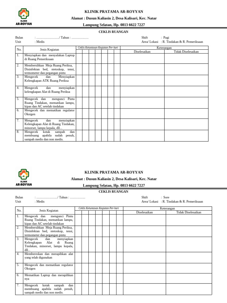 Ceklis Ruangan Medis Batupuru | PDF