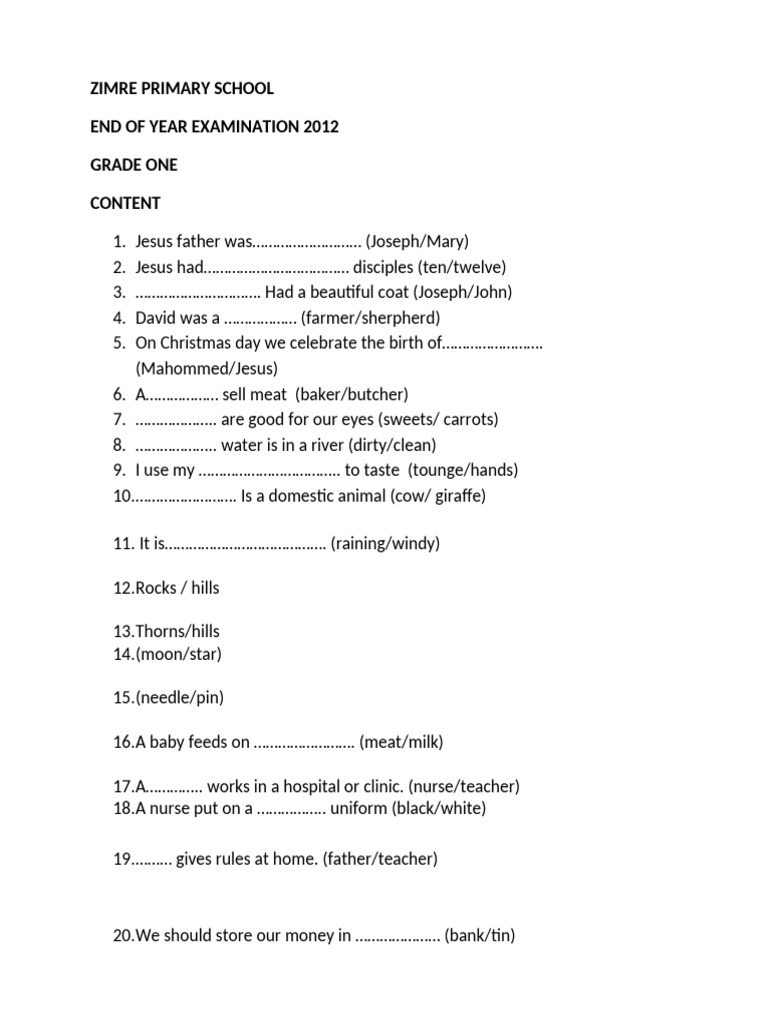 Grade 1 Exam Questions | PDF
