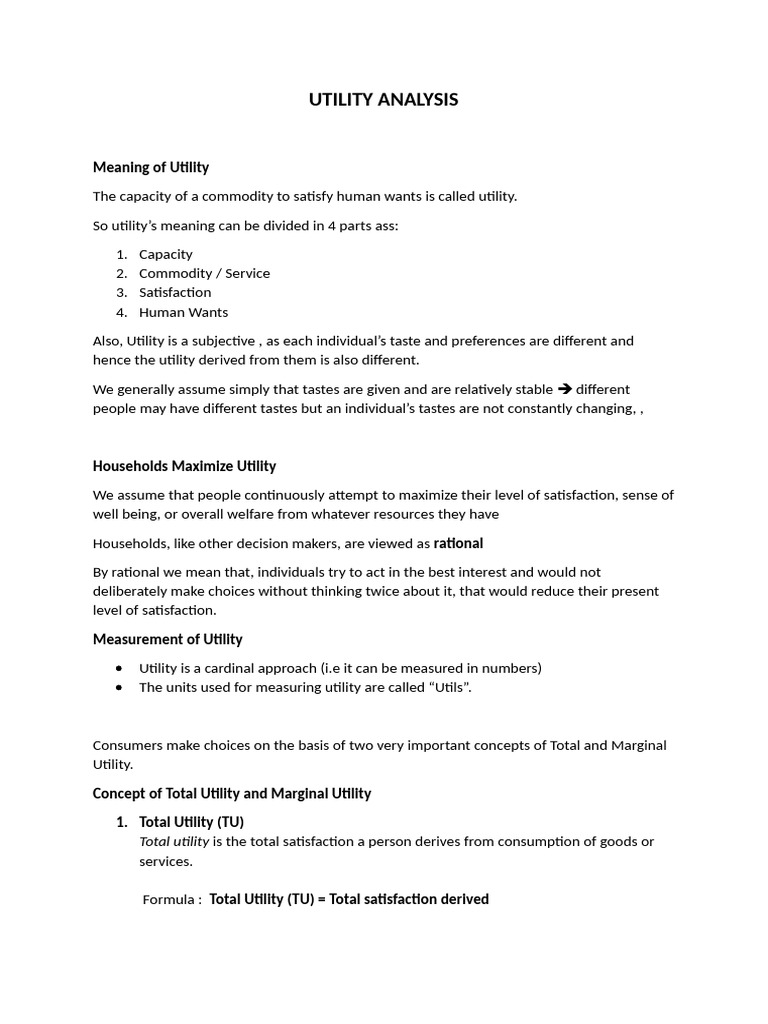 UTILITY ANALYSIS Notes | PDF | Utility | Marginal Utility